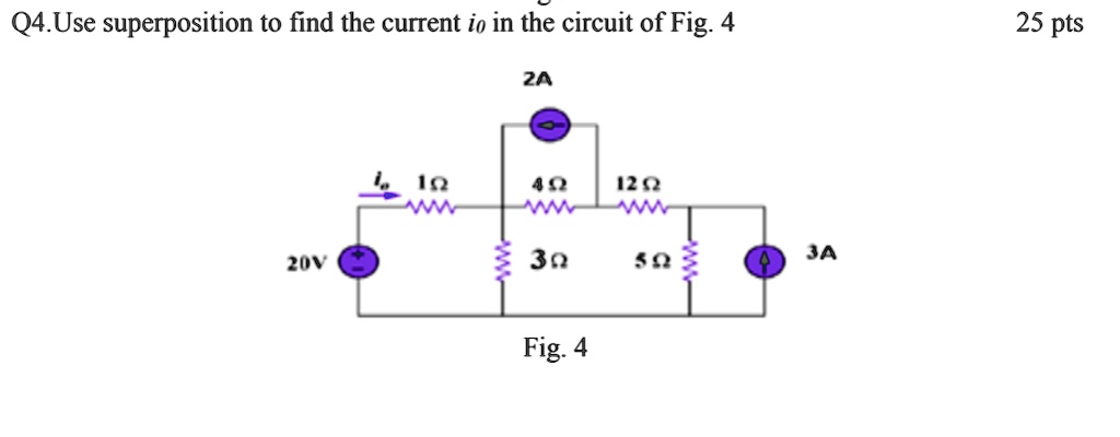 SOLVED: Q4. Use superposition to find the current io in the circuit of Fig: 4 20 25 pts 10 4# MN ...
