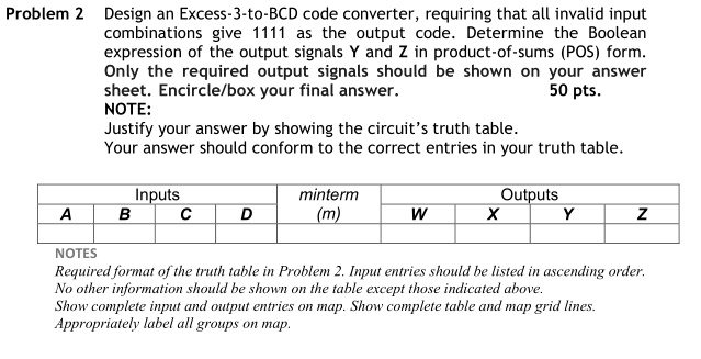 Problem 2 Design an Excess-3-to-BCD code converter, requiring that all invalid input ...
