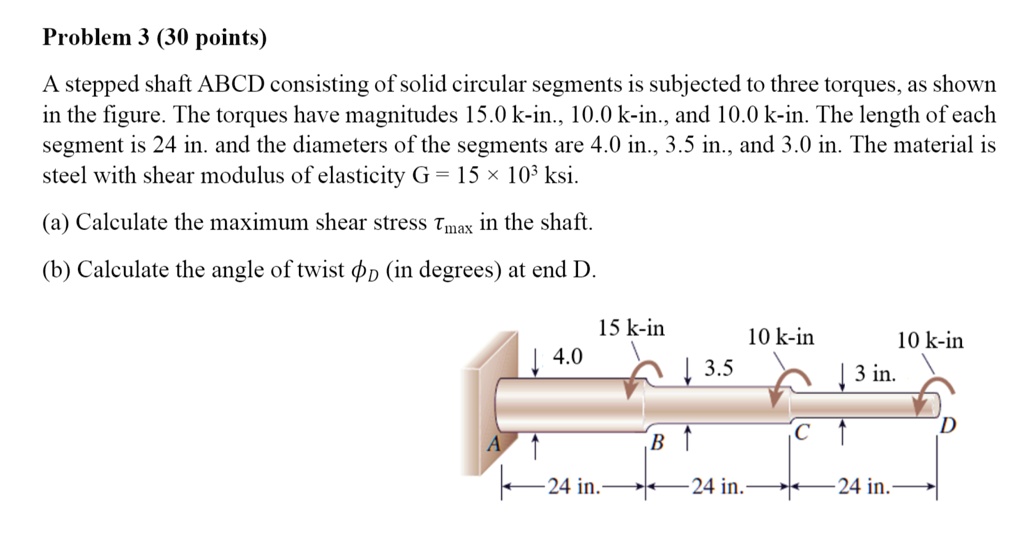 Problem 3 (30 points) A stepped shaft ABCD consisting of solid circular ...