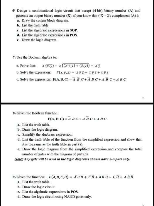 6 Design A Combinational Logic Circuit That Accept 4 Bit Binary Number A And Generate An Output