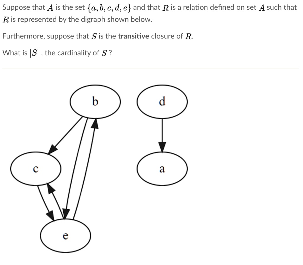 SOLVED: Suppose that A is the set a, b, C, d, e and that R is a relation defined on set A such ...