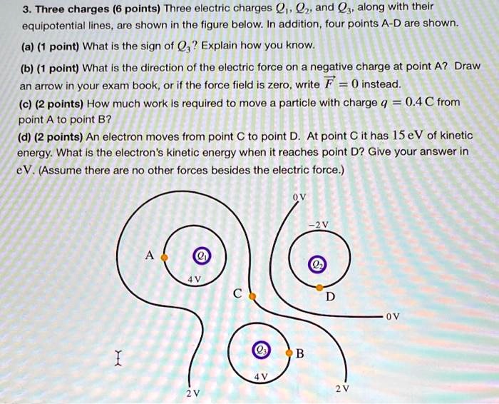 SOLVED: Three charges and their equipotential lines are shown in the figure below. In addition ...