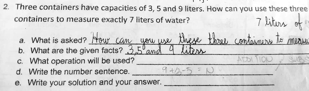 Three containers have capacities of 3, 5, and 9 liters. How can you use these three containers ...