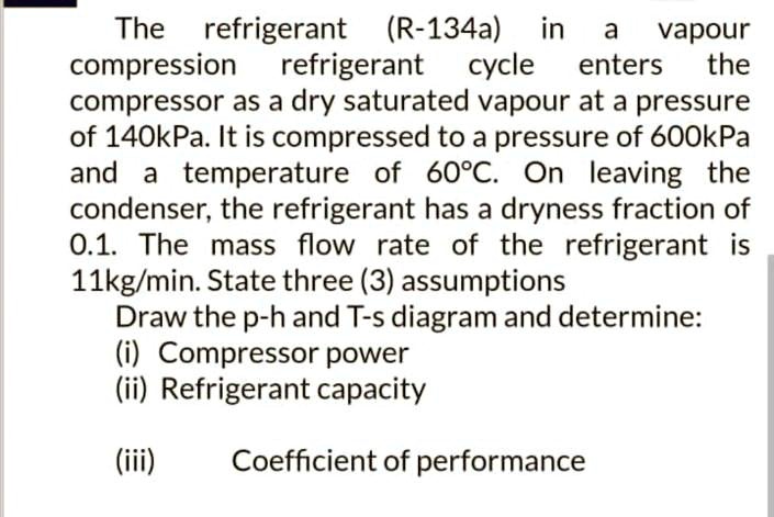 SOLVED: Thermodynamics The refrigerant R-134a in a vapor compression ...