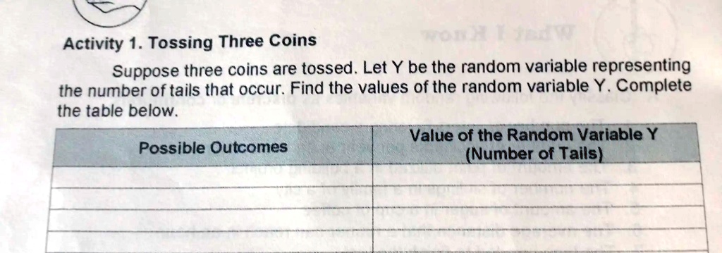 SOLVED: Activity 1. Tossing Three Coins t . Suppose three coins are ... SOLVED: Activity 1. Tossing Three Coins t . Suppose three coins are ...