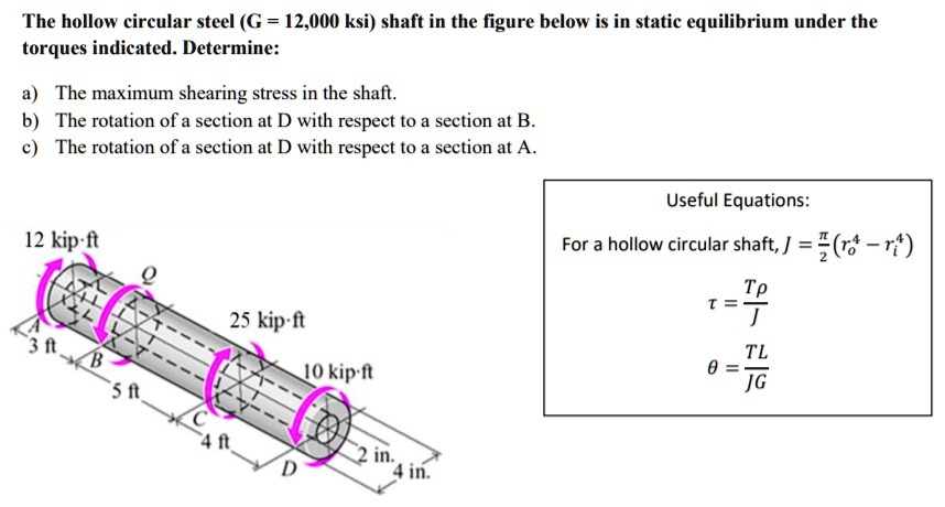 The hollow circular steel (G = 12,000 ksi) shaft in the figure below is ...