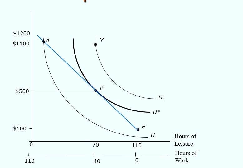 SOLVED: In this graph X axis shows the hours of leisure and work, Y ...