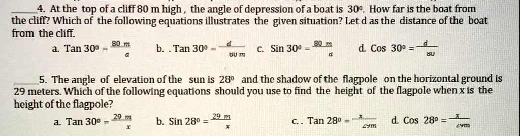 SOLVED: At the top of a cliff 80 m high, the angle of depression of a ...