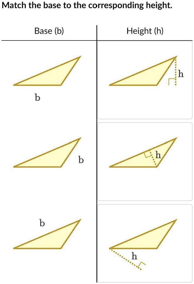 Match the base to the corresponding height. Base (b) b b b Height (h) h h h