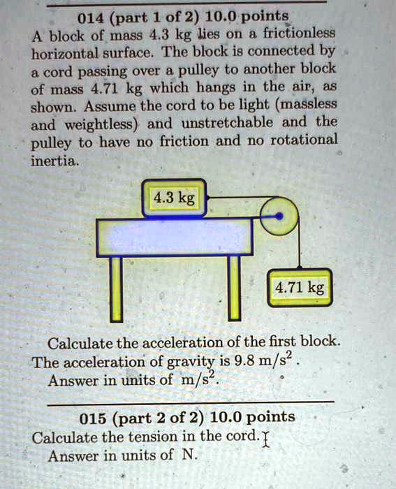 014 (part 1 of 2) 10.0 points A block of mass 4.3 kg lies on a ...
