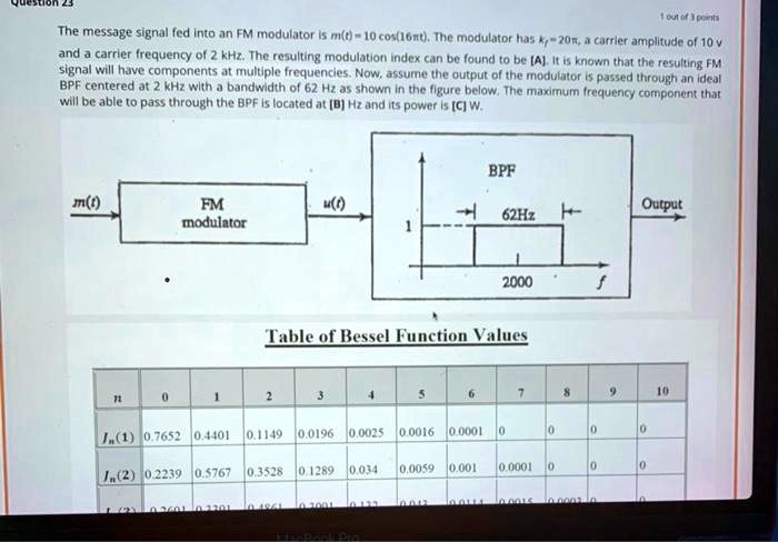 SOLVED: The message signal fed into an FM modulator is m(t) = 10cos(16t ...