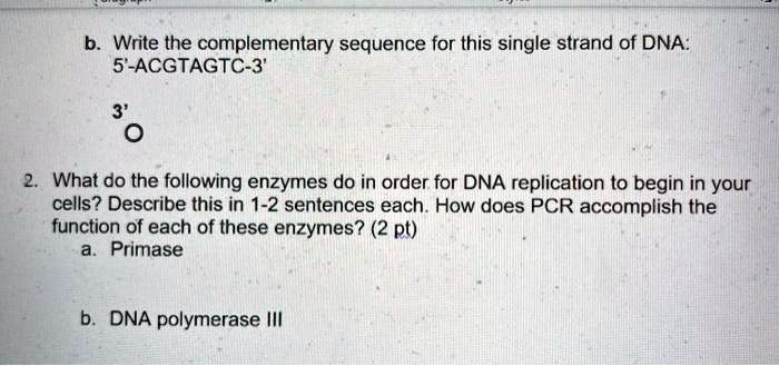 SOLVED: Write the complementary sequence for this single strand of DNA ...