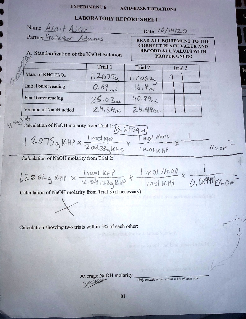 SOLVED Text EXPERIMENT 6 ACID BASE TITRATIONS LABORATORY REPORT SHEET