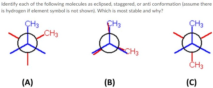 SOLVED: Identify each of the following molecules as eclipsed, staggered, or anti conformation ...