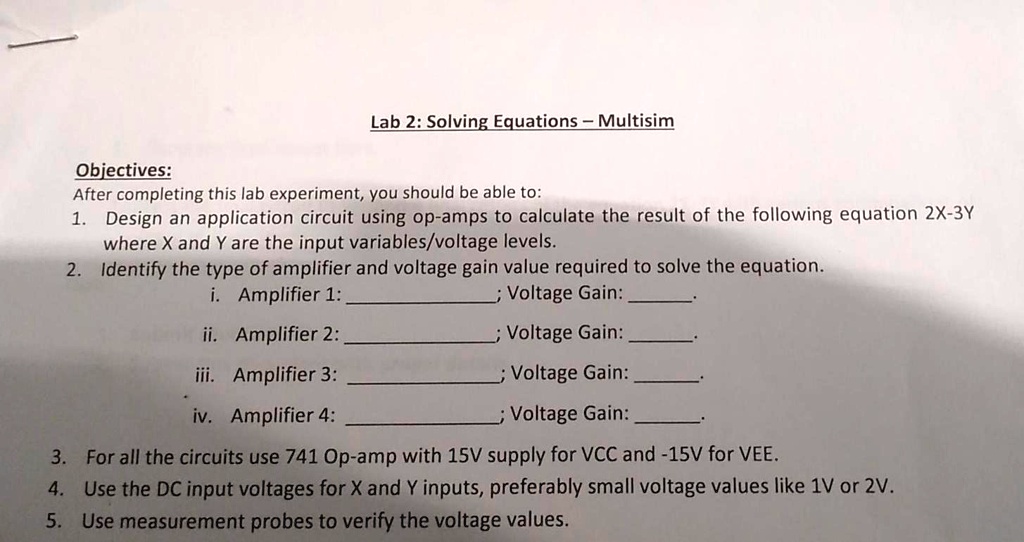 SOLVED: Lab 2: Solving Equations with Multisim Objectives: After completing this lab experiment ...