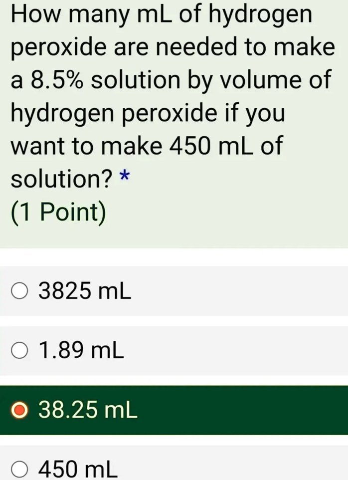 How many mL of hydrogen peroxide are needed to make a 8.5% solution by volume of hydrogen ...