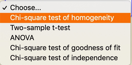 choose chi square test of homogeneity two sample t test anova chi ...
