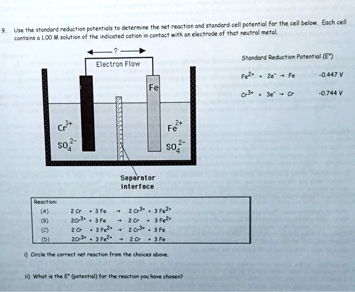 9. Use the standard reduction potentials to determine the net reaction ...
