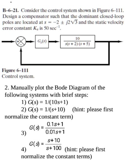 SOLVED: B6-21. Consider the control system shown in Figure 6-11. Design a compensator such that ...