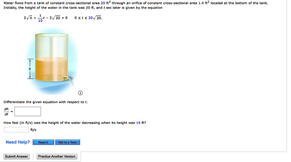 SOLVED:Water flows from tank of constant cross-sectional area 20 ft2 ...