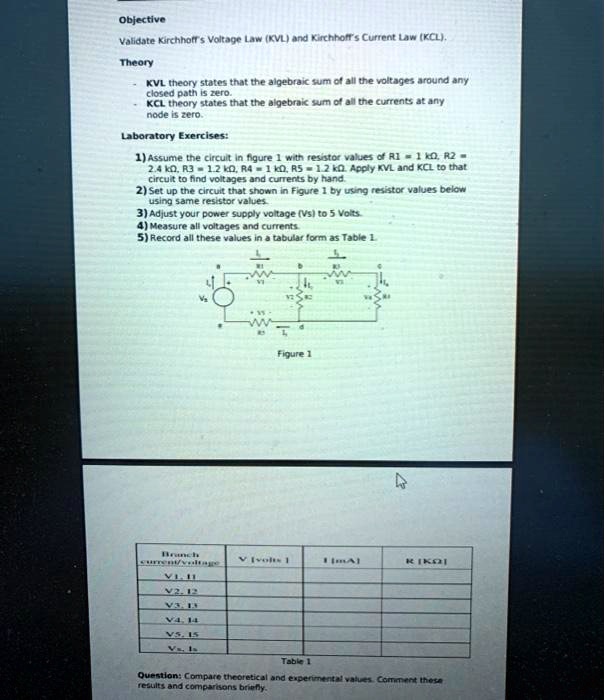 SOLVED: Objective: Validate Kirchhoff's Voltage Law (KVL) and Kirchhoff's Current Law (KCL ...