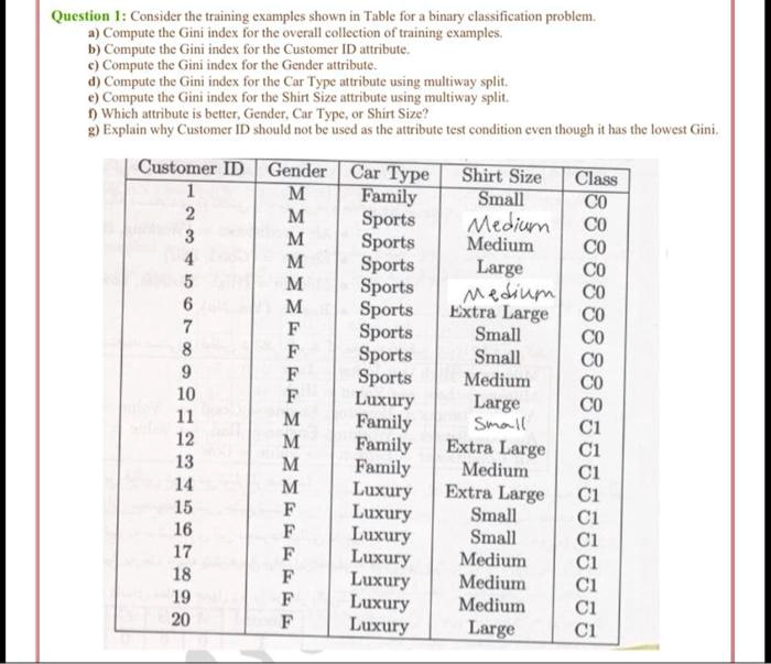 SOLVED: Question I: Consider the following examples shown in the table for a binary ...