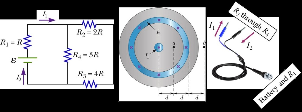 I1 R2 = 2R I2 R1 = R R4 = 3R ε R3 = 4R I2 d d R2 through R4 I2 Battery ...