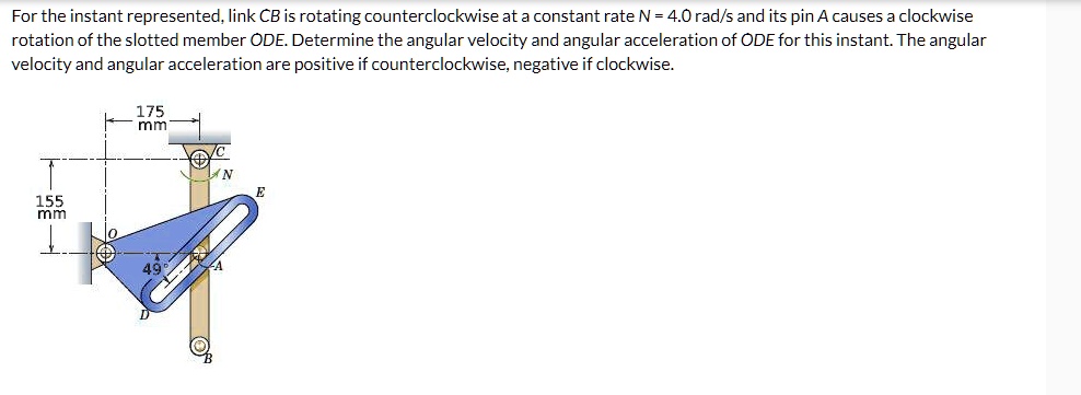 SOLVED: For the instant represented, link CB is rotating counterclockwise at a constant rate N ...
