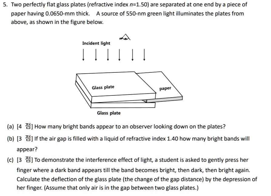 SOLVED: 5. Two perfectly flat glass plates (refractive index n=1.50 ...