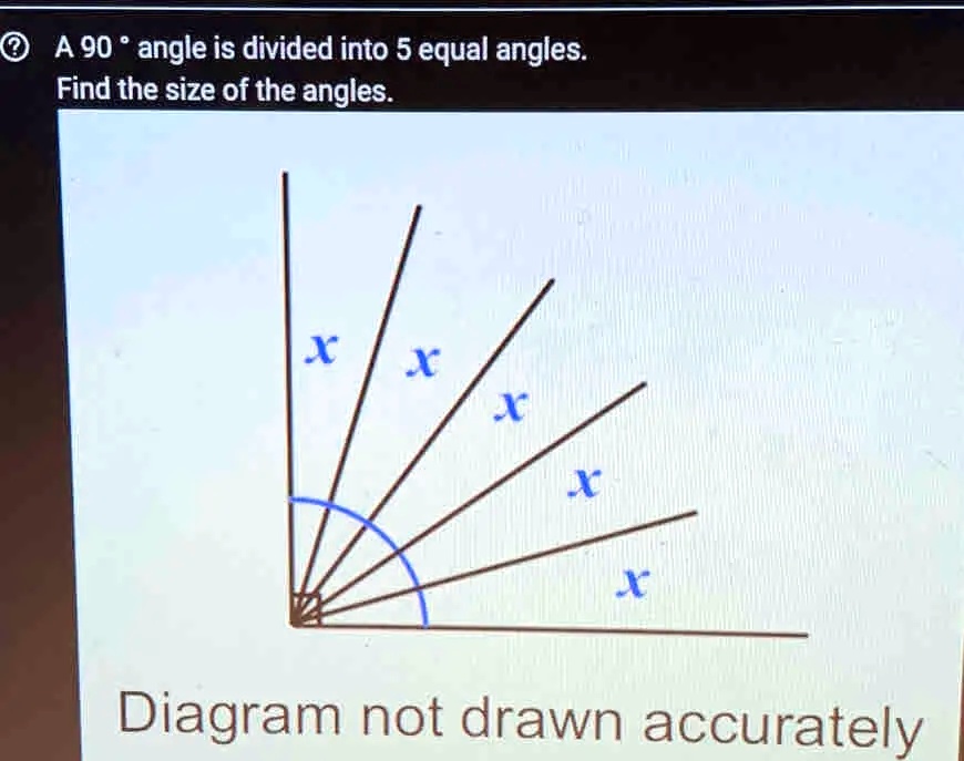 A 90° angle is divided into 5 equal angles. Find the size of...