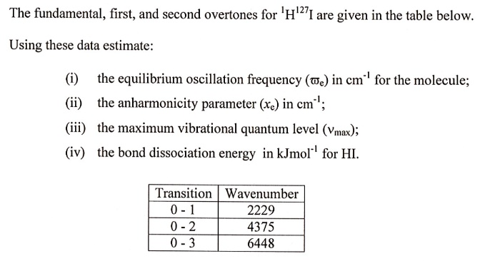 SOLVED: The fundamental, first, and second overtones for 'H42I1 are given in the table below ...