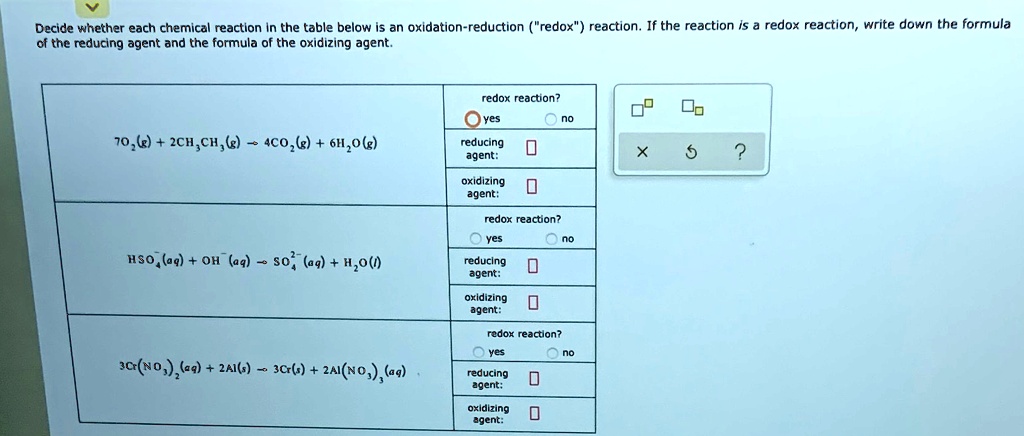 SOLVED: Decide whether each chemical reaction in the table below is an ...