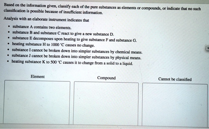 based on the information given classify each of the pure substances as ...