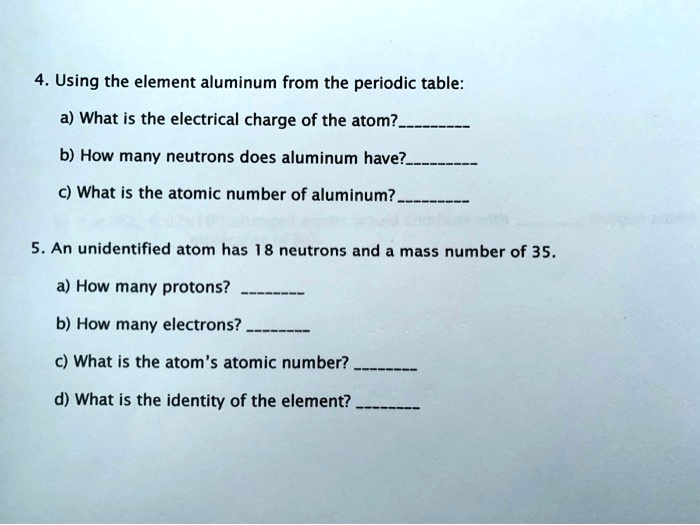 SOLVED: Using the element aluminum from the periodic table: a) What is the electrical charge of ...