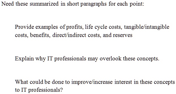 SOLVED: Provide examples of profits, life cycle costs, tangible ...