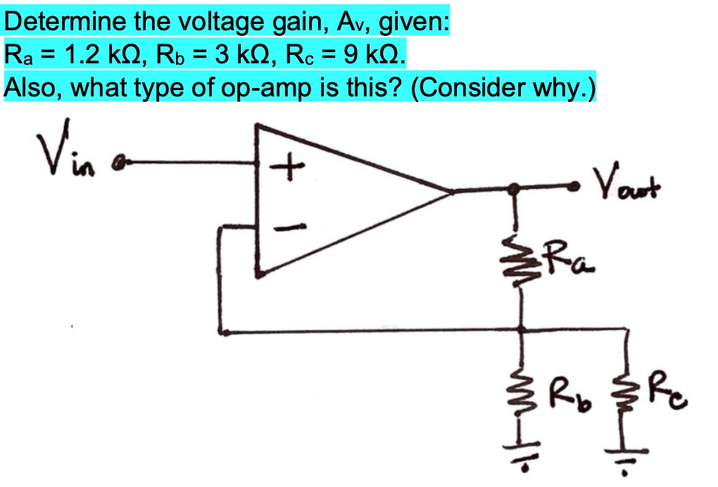 SOLVED: Determine the voltage gain, Av, given: Ra = 1.2 kÎ©, Rb = 3 kÎ©, Rc = 9 kÎ©. Also, what ...