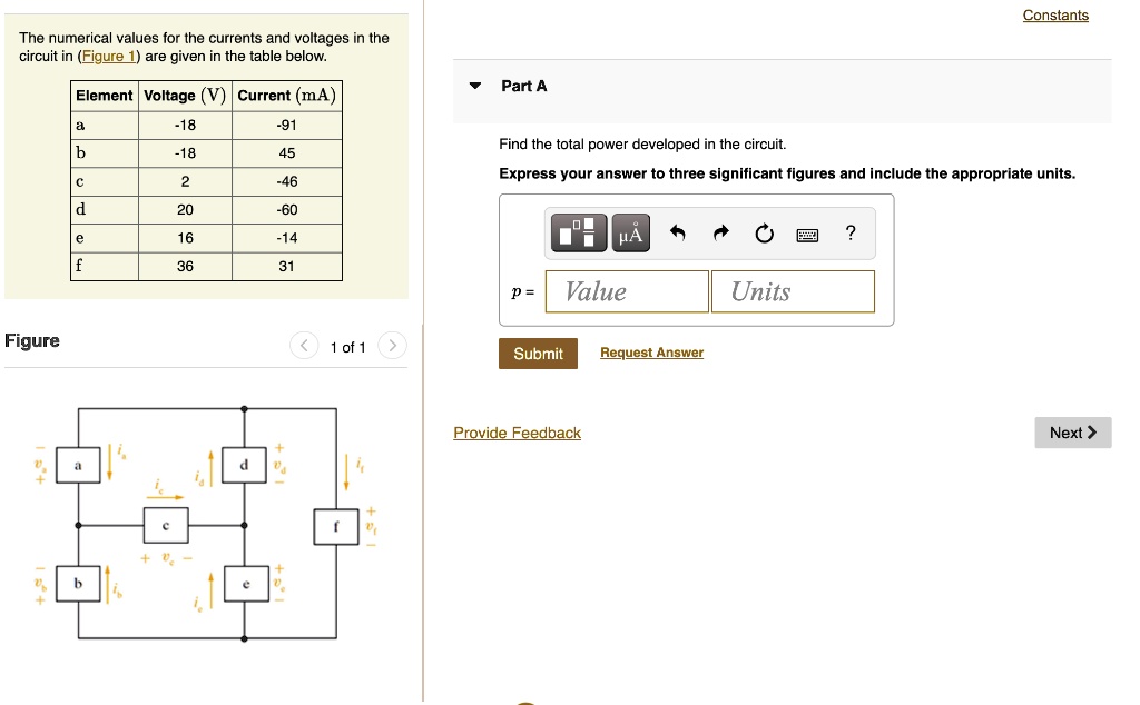 SOLVED: Constants The numerical values for the currents and voltages in the circuit in Figure 1 ...