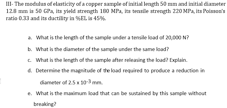 SOLVED: The modulus of elasticity of a copper sample of initial length ...