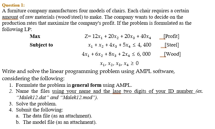 A furniture company manufactures four models of chairs. Each chair requires a certain amount of ...