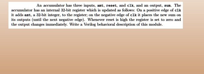 Solved An Accumulator Has Three Inputs Amt Reset And Clk And An Output Sum The