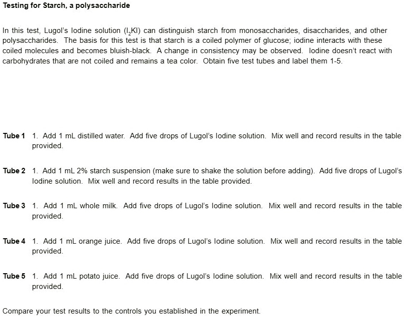 SOLVED: "Testing for Starch; polysaccharide In this test; Lugol's ...