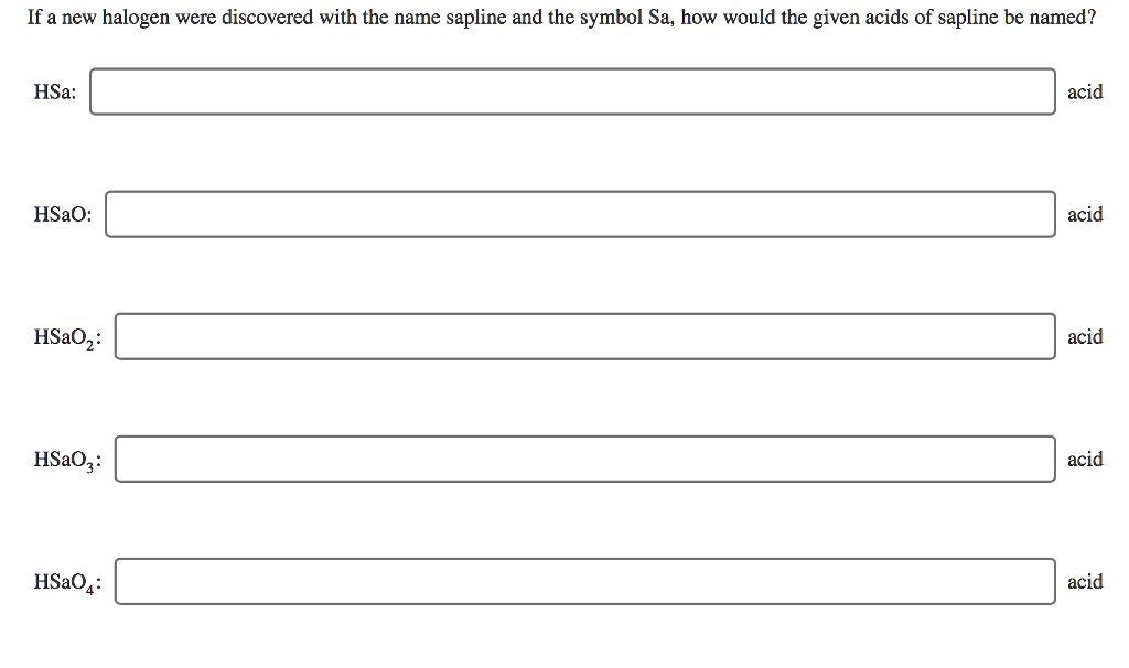 SOLVED: If a new halogen were discovered with the name sapline and the ...