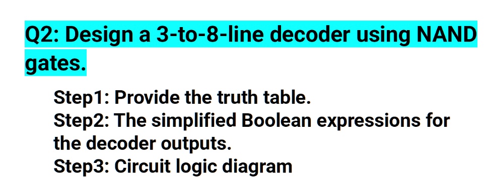 Q2: Design a 3-to-8-line decoder using NAND gates. Step1: Provide the ...