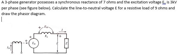 A 3-phase generator possesses a synchronous reactance of 7 ohms and the excitation voltage Eo is ...