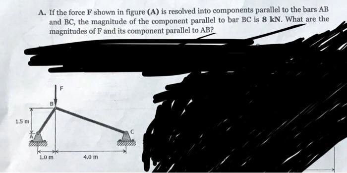 A. If the force F shown in figure (A) is resolved into components parallel to the bars AB and BC ...