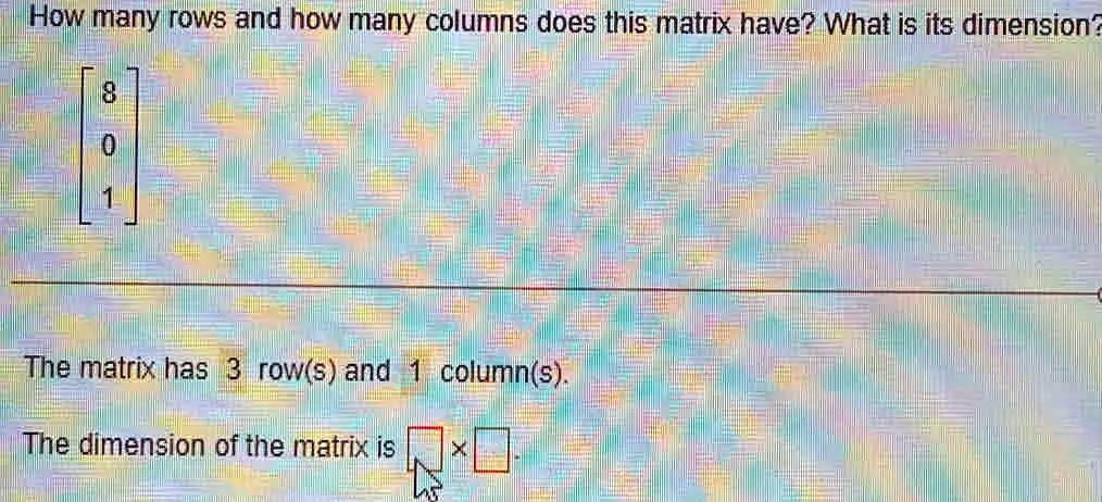 How many rows and how many columns does this matrix have? What is its dimension? The matrix has ...