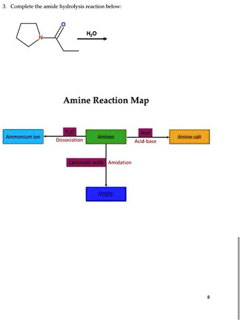SOLVED: Complete AMl hydrolysis reiction below: H,o Amine Reaction Map ...