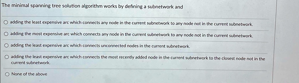 Solved The Minimal Spanning Tree Solution Algorithm Works By Defining A Subnetwork And Adding