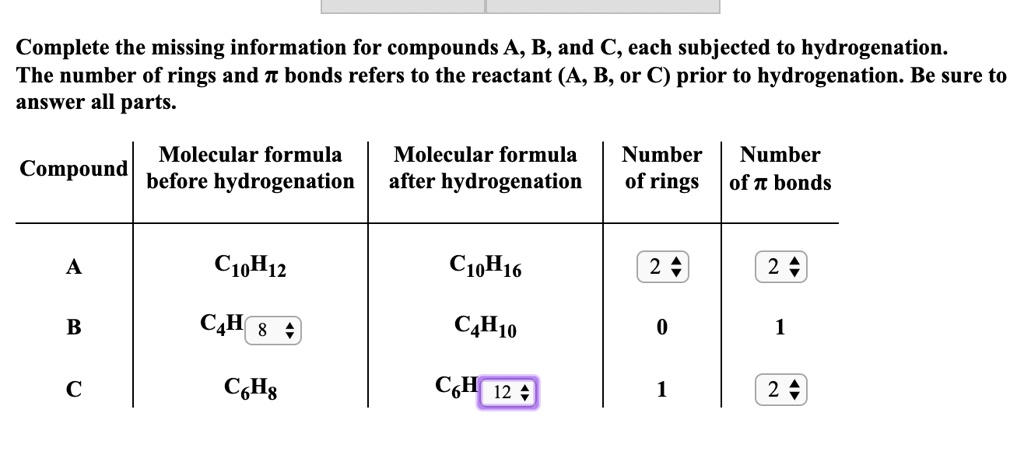 complete the missing information for compounds a b and c each subjected to hydrogenation the ...