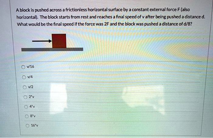 SOLVED: A block is pushed across a frictionless horizontal surface by constant external force F ...
